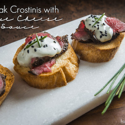 Steak Crostini with Blue Cheese Sauce - High Heels and Grills
